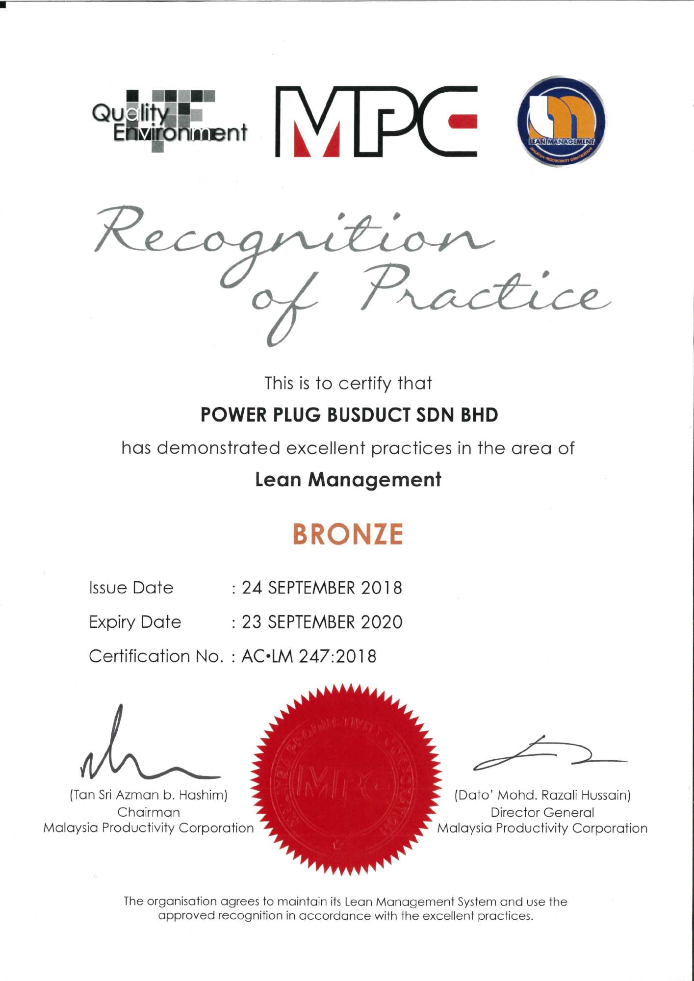 MPC Awards Sep 2018 – Sep 2020 – Power Plug Busduct Sdn. Bhd.